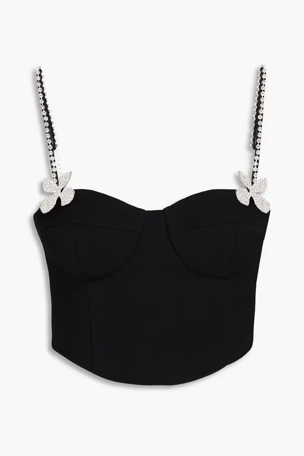AREA Cropped Crystalembellished Woolblend Crepe Bustier Top - Black