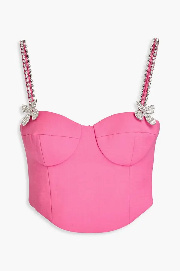AREA Cropped Crystalembellished Woolblend Crepe Bustier Top - Bubblegum