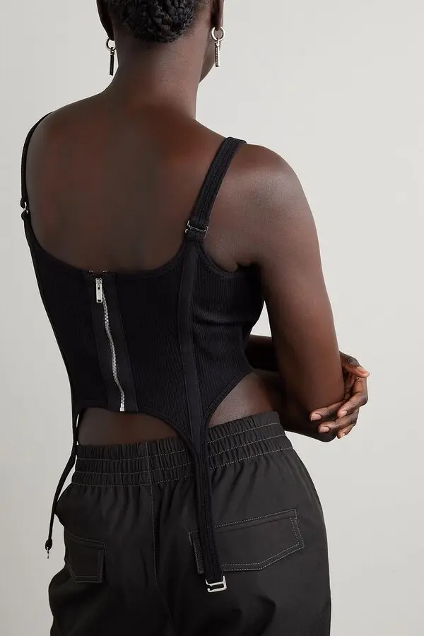 DION LEE Combat Canvas-trimmed Ribbed Stretch-cotton Tank - Black