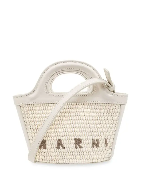Marni Tropicalia Micro Bag In Leather And Raffia-effect Fabric - White