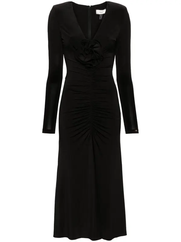 NISSA Floral-appliqué Ruched Gown - Black