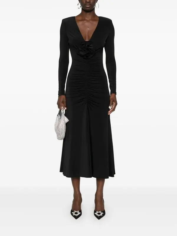 NISSA Floral-appliqué Ruched Gown - Black