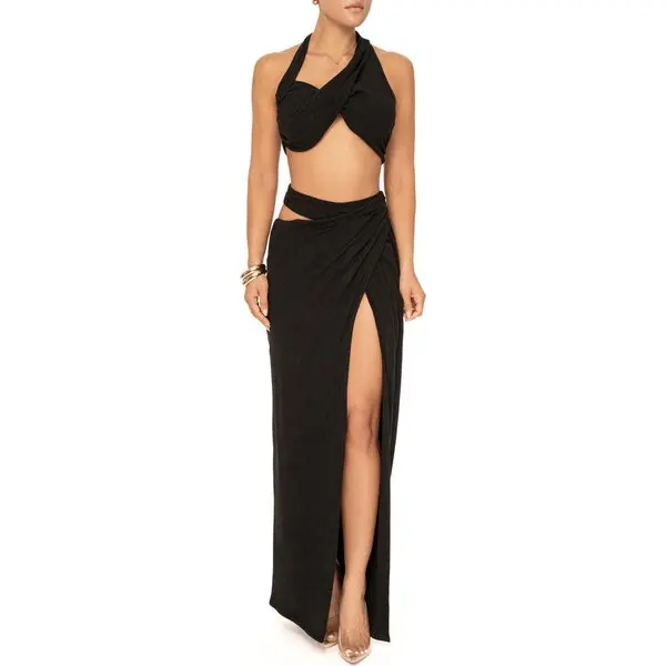 JLUXLABEL Asymmetric Crop Top & Skirt Set - Black