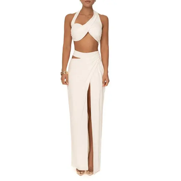 JLUXLABEL Asymmetric Crop Top & Skirt Set - White
