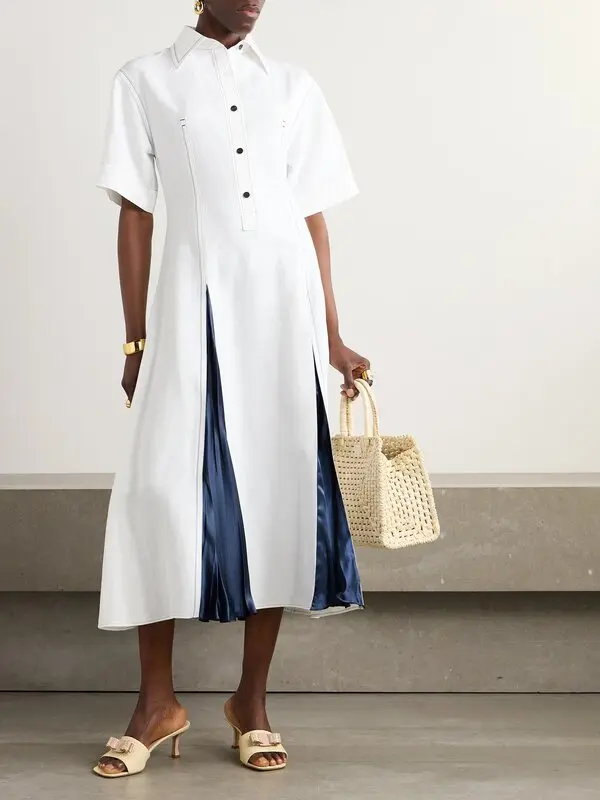 FERRAGAMO Topstitched Satin-trimmed Poplin Midi Dress