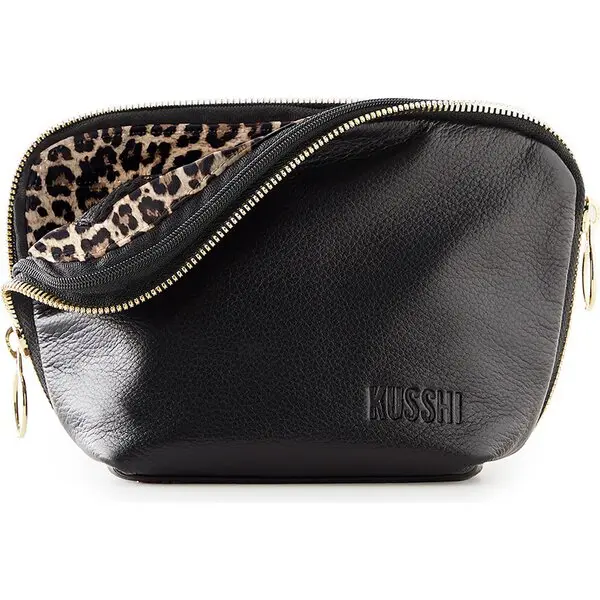 KUSSHI Everyday Leather Makeup Bag - Black/ Leopard Leather