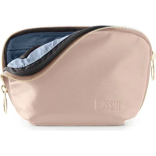 KUSSHI Everyday Leather Makeup Bag - Blush Pink/ Cool Grey Leather