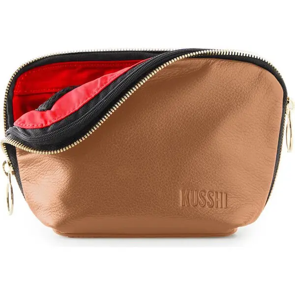 KUSSHI Everyday Leather Makeup Bag - Camel/ Red Leather