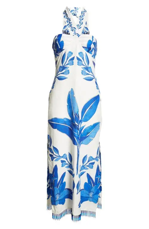 farm rio blue yard halter dress FARM Rio Tropical Tapestry Off-White Halter Neck Dress