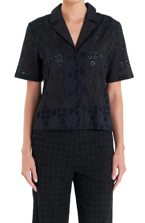 English Factory Floral Eyelet Cotton Camp Shirt - Black