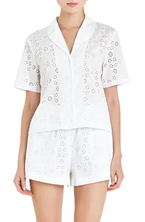 English Factory Floral Eyelet Cotton Camp Shirt - White