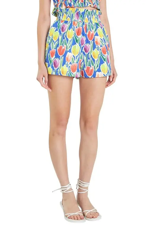 English Factory Tulip Print Ruffle Cotton Shorts