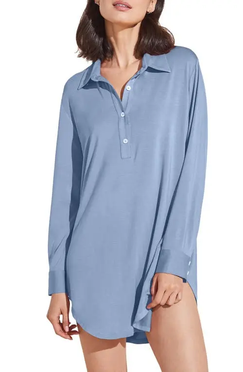 Eberjey Gisele Long Sleeve Sleep Shirt - Wedgewood Blue/ Ivory