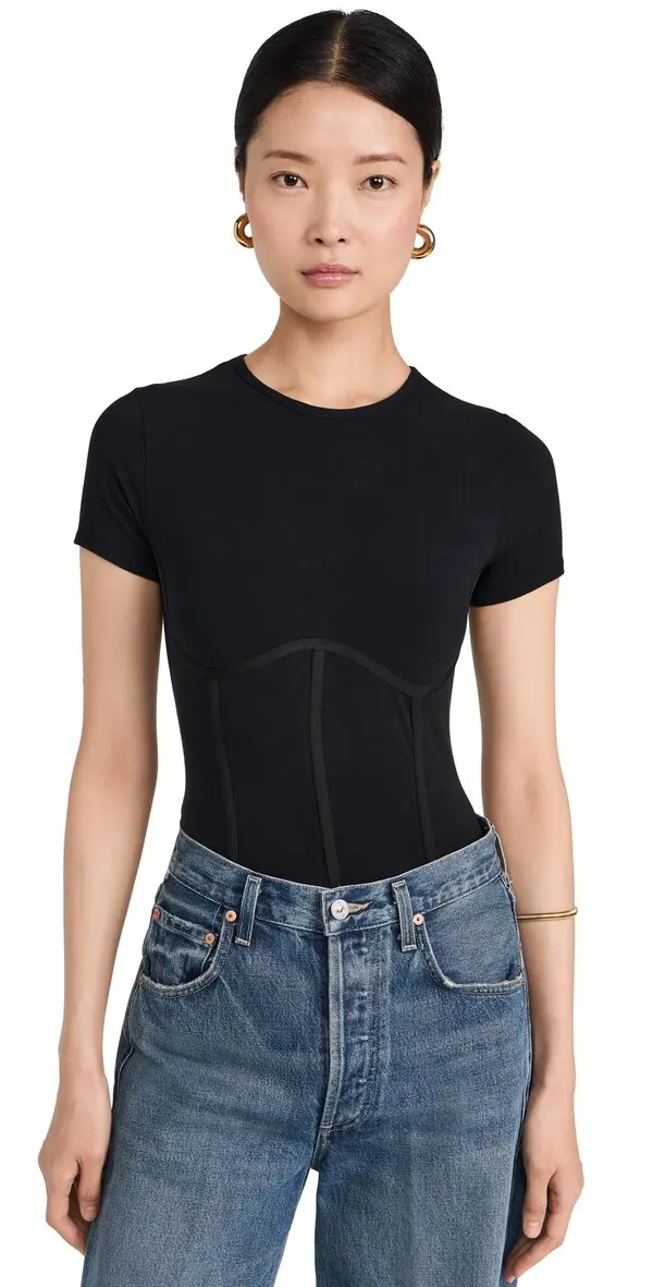 FLEUR DU MAL Cotton T-shirt Thong Bodysuit - Black