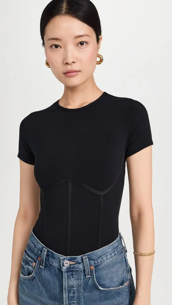FLEUR DU MAL Cotton T-shirt Thong Bodysuit - Black