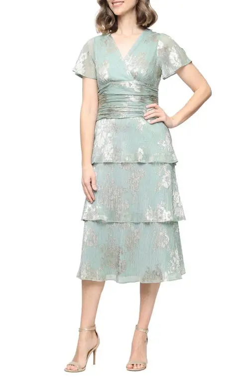 SL FASHIONS Foil Plissé Midi Dress - Sage/gold
