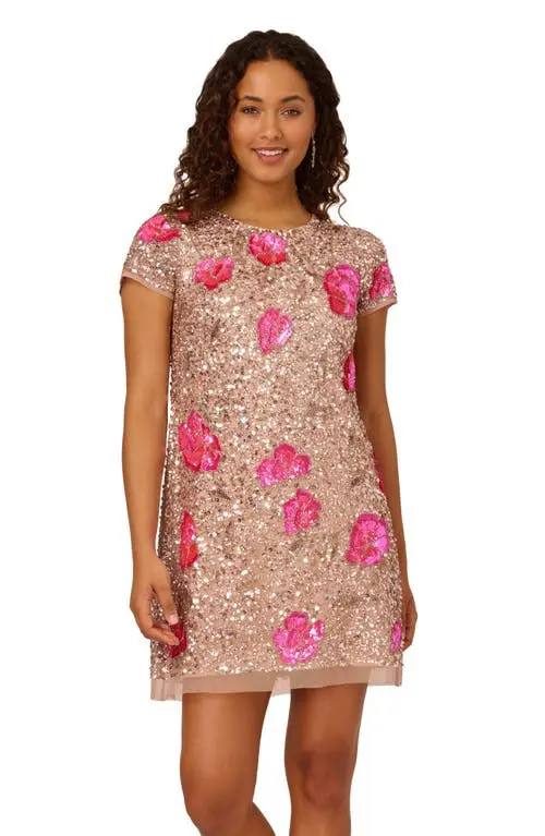 Adrianna Papell Floral Beaded Sequin Cocktail Shift Dress - Rosegold/ Hot  Pink | Editorialist