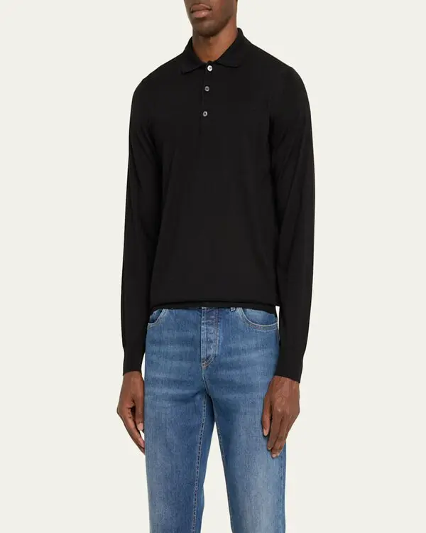Brioni Cashmere-silk Long-sleeve Polo Sweater