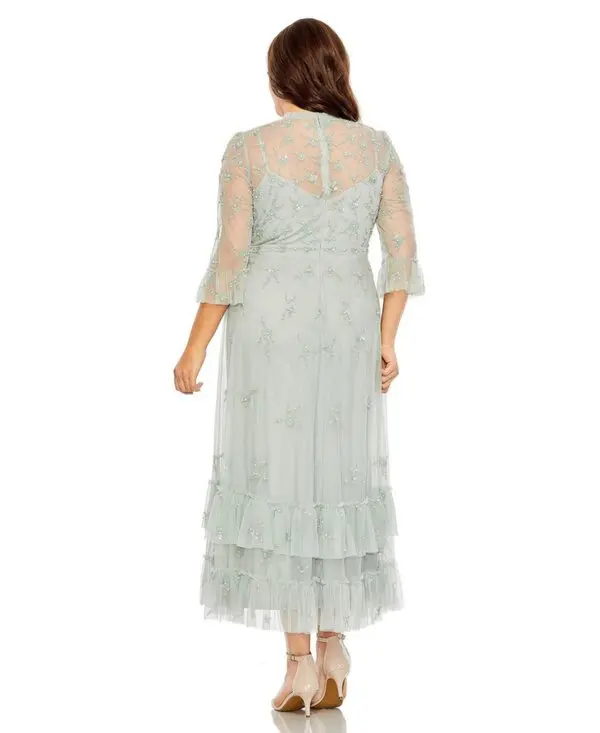 Mac Duggal Plus Flutter Half Length Sleeve High Neck Embellished Dress - Sage