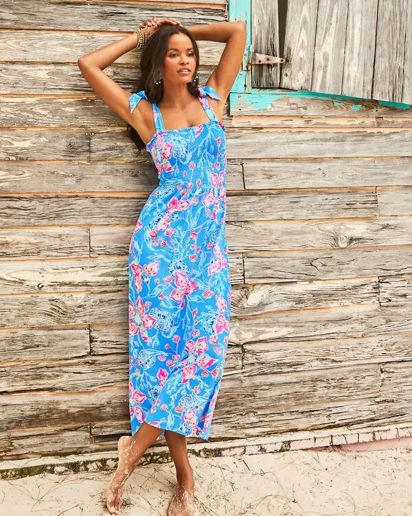 hadley smocked maxi dress Lilly Pulitzer Hadly Smocked Cotton Maxi Amalfi Blue Leaf It Wild MD at  Amazon Women's Clothing store