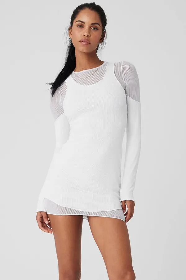 Alo Yoga Striped Mesh Synergy Long Sleeve Dress In Size - White |  Editorialist