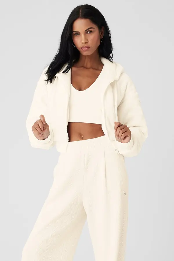 Alo Yoga Cropped Cozy Day Full Zip Jacket In White, Size - Ivory