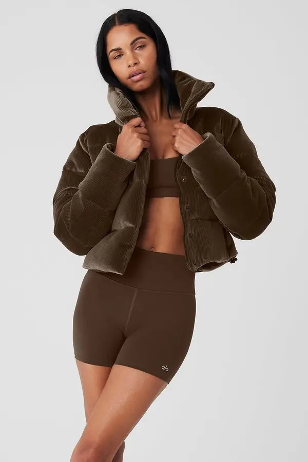 Alo Yoga Ribbed Velour Gold Rush Puffer Jacket In Brown