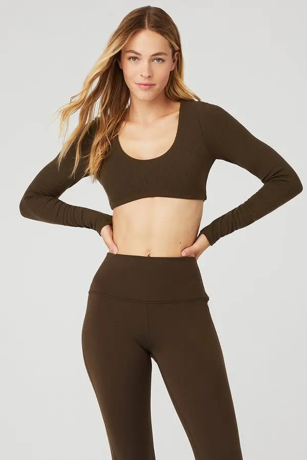 Alo Yoga Ribbed Defined Long Sleeve Bra In Brown, Size - Espresso
