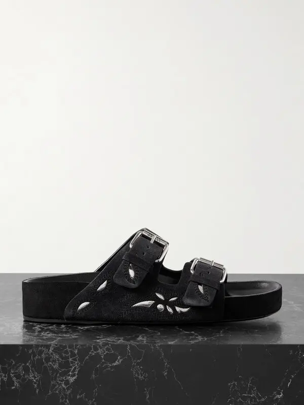 Isabel Marant Lennyo Embroidered Suede Slides - Black
