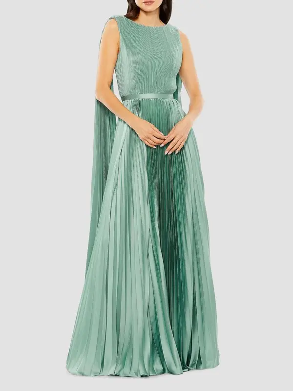Mac Duggal Pleated Charmeuse Cape A-line Gown - Sage