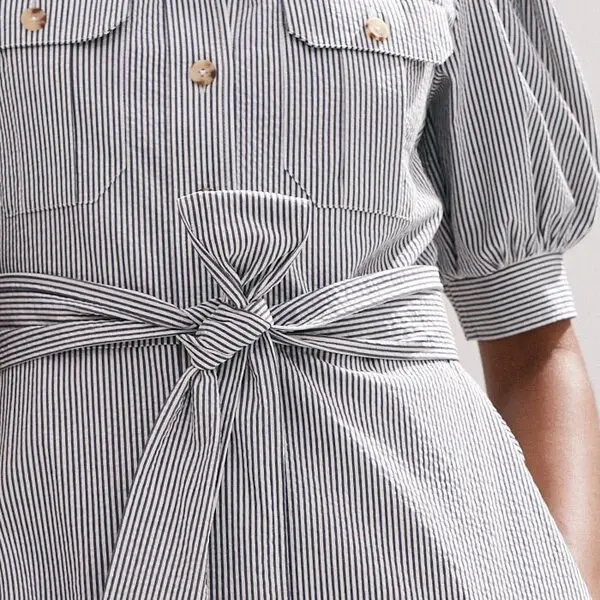 Me+Em Cotton Seersucker Midi Shirt Dress + Belt - Navy/White | Editorialist
