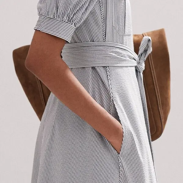 Me+Em Cotton Seersucker Midi Shirt Dress + Belt - Navy/White | Editorialist