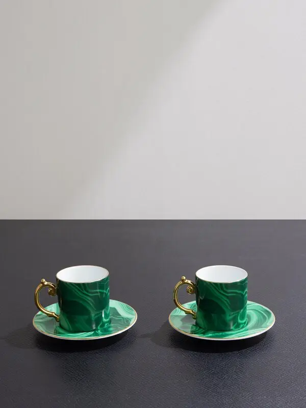 L'Objet Malachite Set Of Two Gold-plated Porcelain Espresso Cups And Saucers - Green