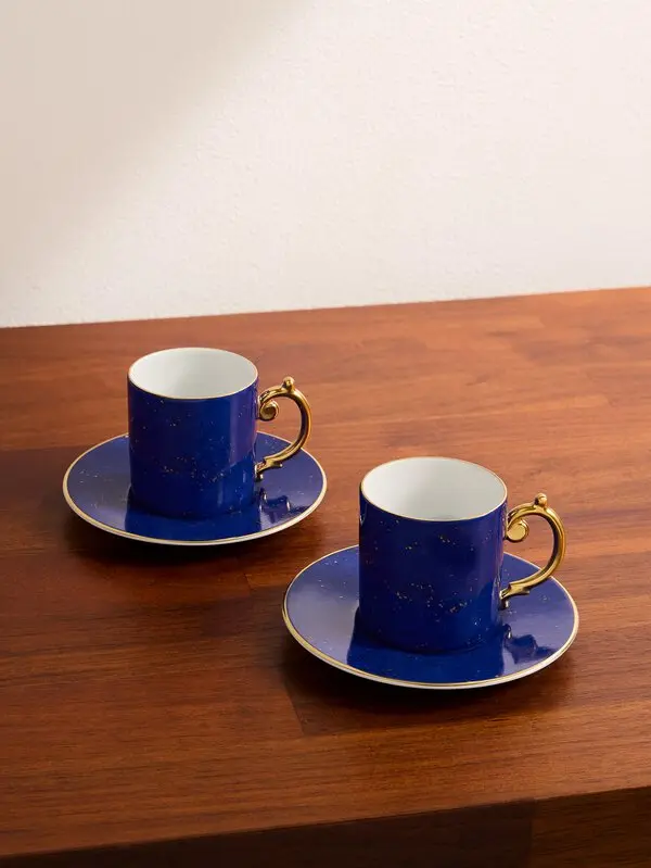 L'Objet Lapis Set Of Two Gold-plated Porcelain Espresso Cups And Saucers - Blue