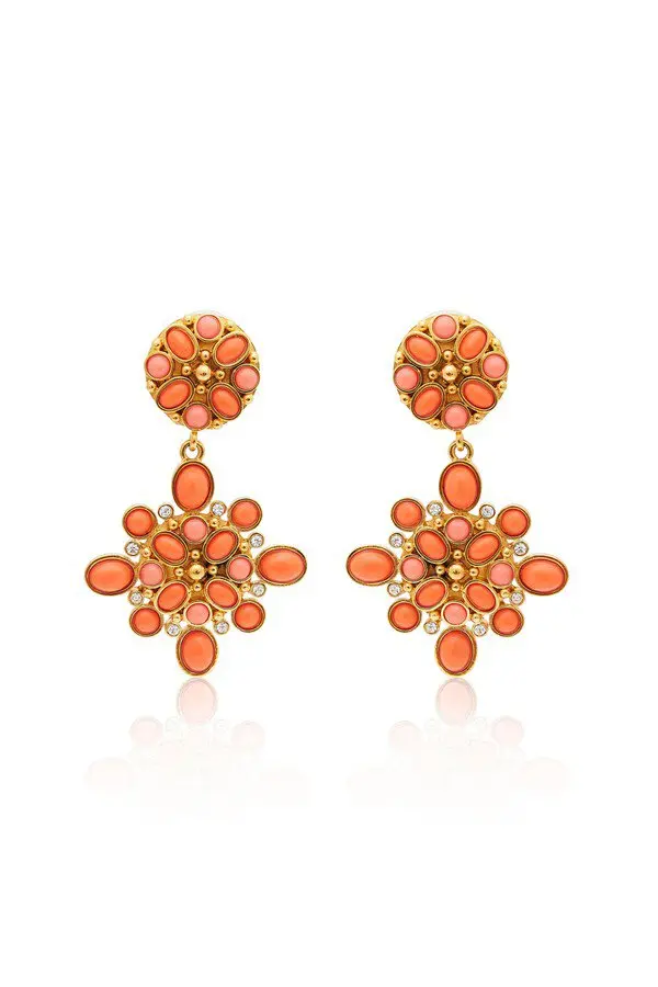 KENNETH JAY LANE Gold Tone Cabochon Clip On Drop Earrings - Coral