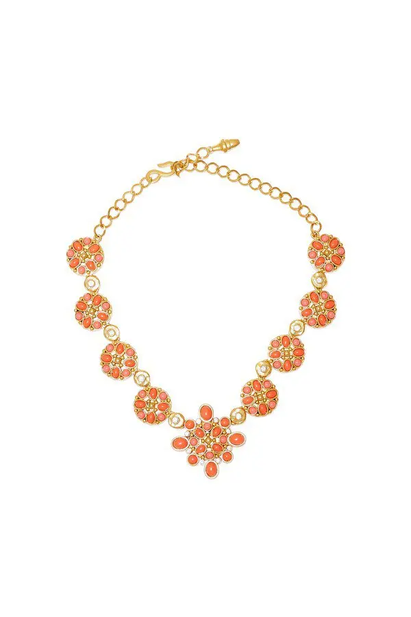 KENNETH JAY LANE Rhinestone And Bead Gold Chain Necklace - Coral