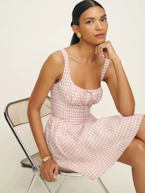 Reformation Daria Linen Mini Dress In Blush Check - 50% Off | Editorialist
