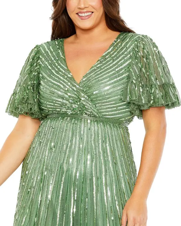 Mac Duggal Beaded Faux Wrap Flutter Sleeve Ruffle Dress