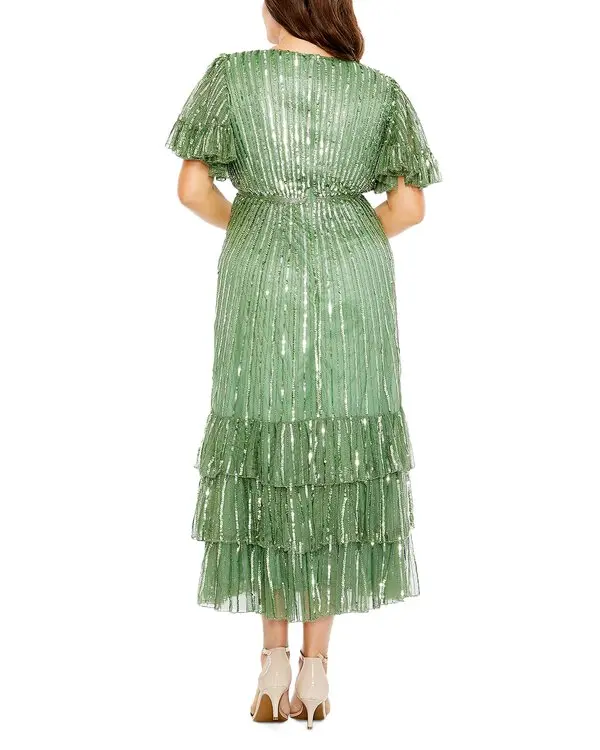 Mac Duggal Beaded Faux Wrap Flutter Sleeve Ruffle Dress