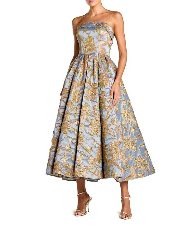 Mac Duggal Strapless Brocade Midi Dress - Periwinkle Multi