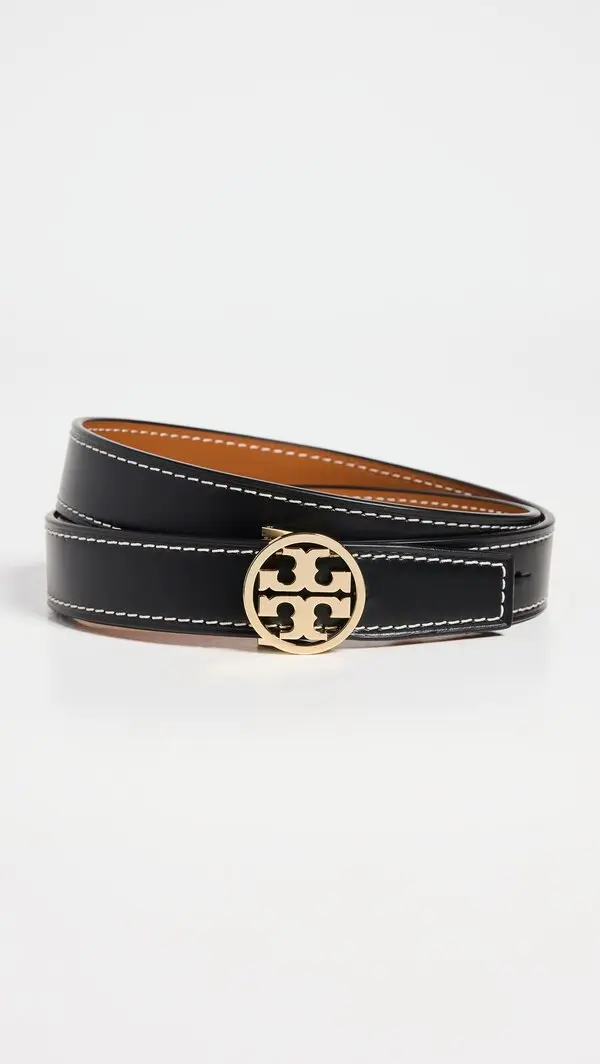 Tory Burch Miller Smooth Reversible Belt - Black/whiskey
