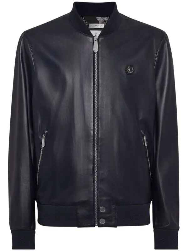 Philipp Plein Leather Bomber Jacket - Blue