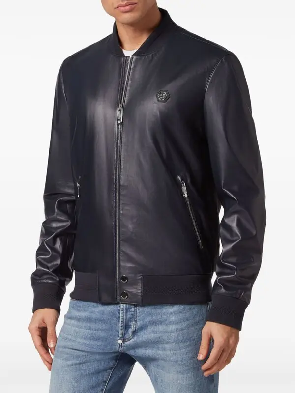 Philipp Plein Leather Bomber Jacket - Blue