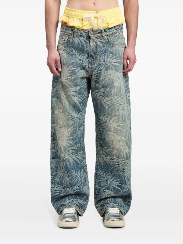 Palm Angels Palm Tree Print Loose Fit Jeans - Blue