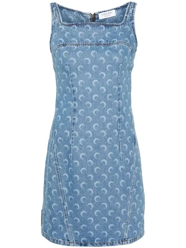 MARINE SERRE Crescent Moon Print Denim Mini Dress - Blue