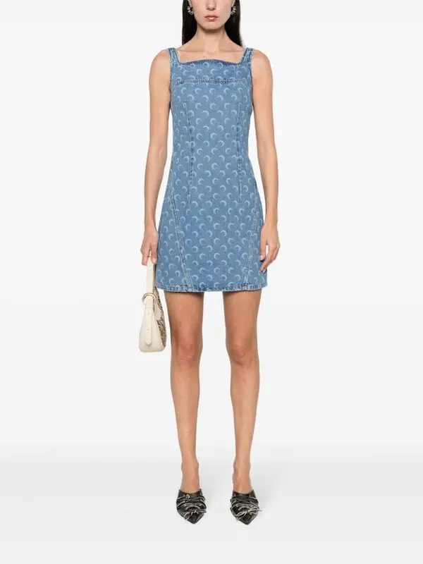 MARINE SERRE Crescent Moon Print Denim Mini Dress - Blue