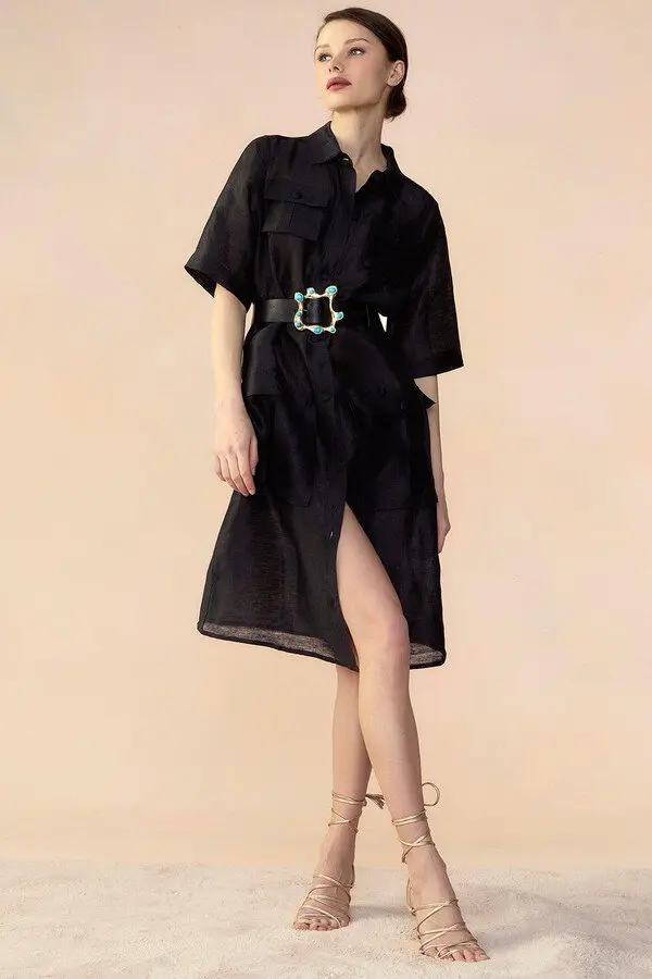 Cynthia Rowley Lisbon Silk Linen Shirt Dress In Black 80% Off