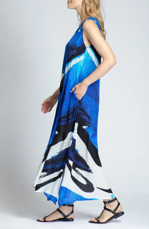 APNY Print V-neck Sleeveless Chiffon Midi Dress - Blue Multi