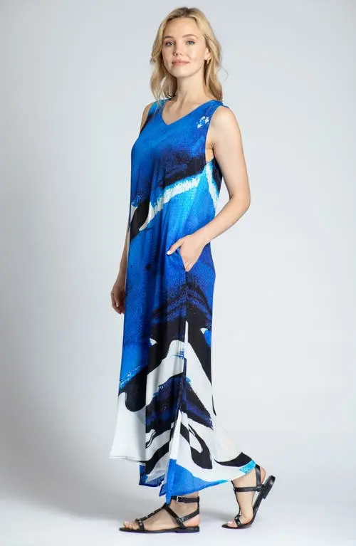 APNY Print V-neck Sleeveless Chiffon Midi Dress - Blue Multi