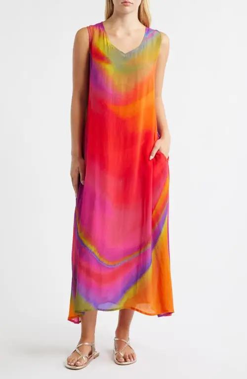 APNY Print V-neck Sleeveless Chiffon Midi Dress - Orange Multi